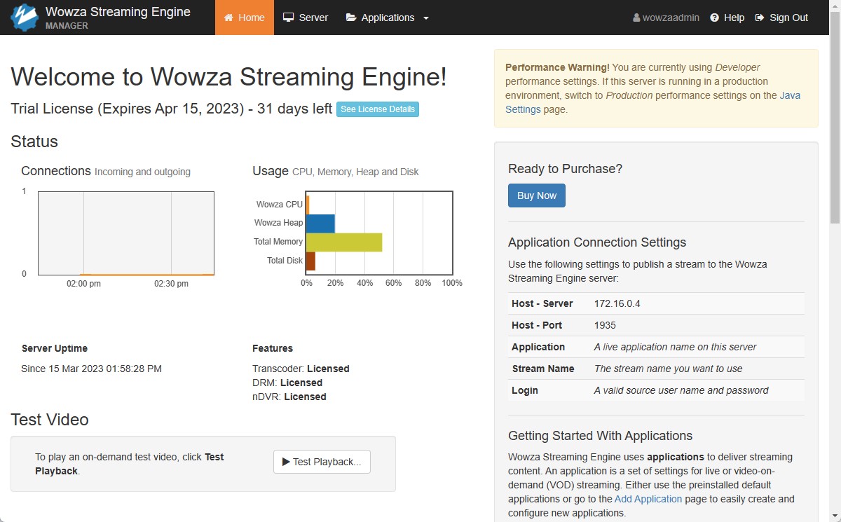 Wowza Streaming Engine のインストールとセットアップ | LiveInstantly, LLC.